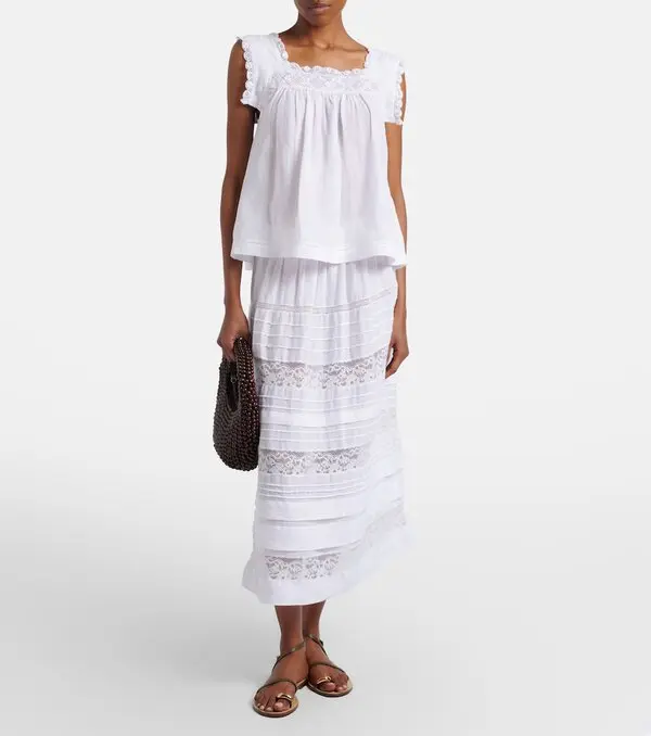 DÔEN Sidra Lace-trimmed Ramie Midi Skirt