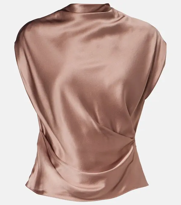 THE SEI Draped Silk Satin Top - Brown