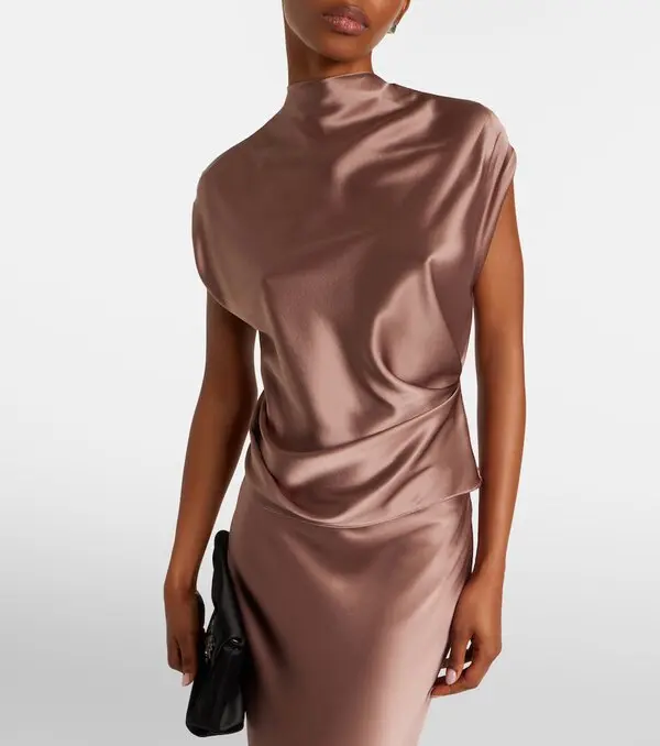 THE SEI Draped Silk Satin Top - Brown