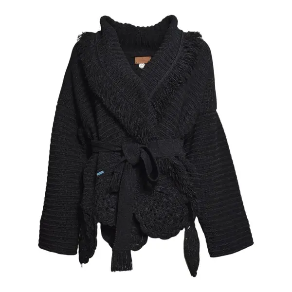 Alanui Black Knit Wrap Cardigan With Fringe And Tie Detail - Nero