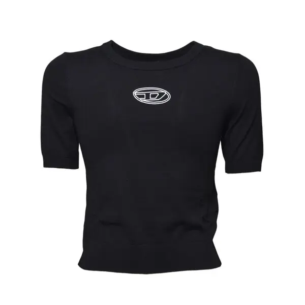 DIESEL® Black Crew Neck Ribbed Knit Sweater With Embroidered Logo