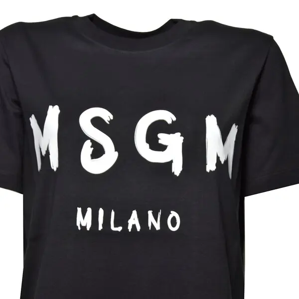 MSGM Cotton Satin T-shirt With Logo Print - Nero