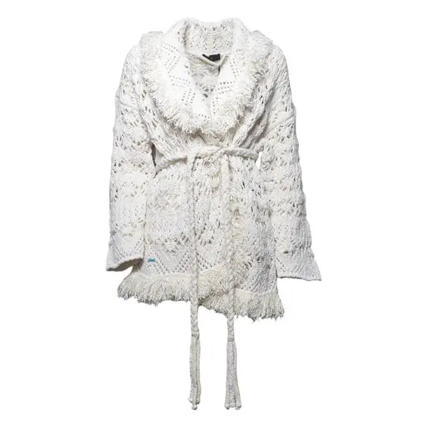 Alanui Crochet Shawl Collar Cardigan With Fringe And Tie Detail - Beige