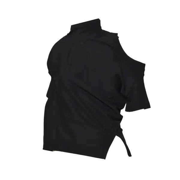 COURREGES Courrèges Black Open Shoulder T-shirt With Drawstring Detail