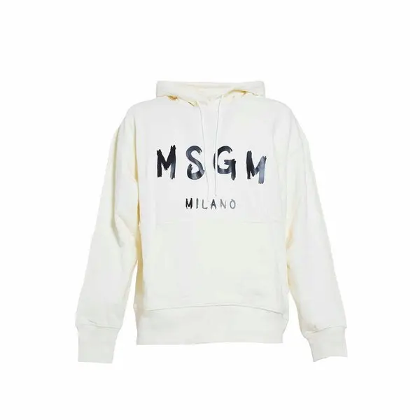 MSGM Cotton Hoodie With Logo Print - Crema/nero