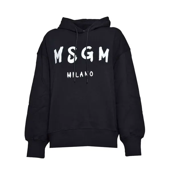 MSGM Black Cotton Hoodie With White Logo Print - Nero