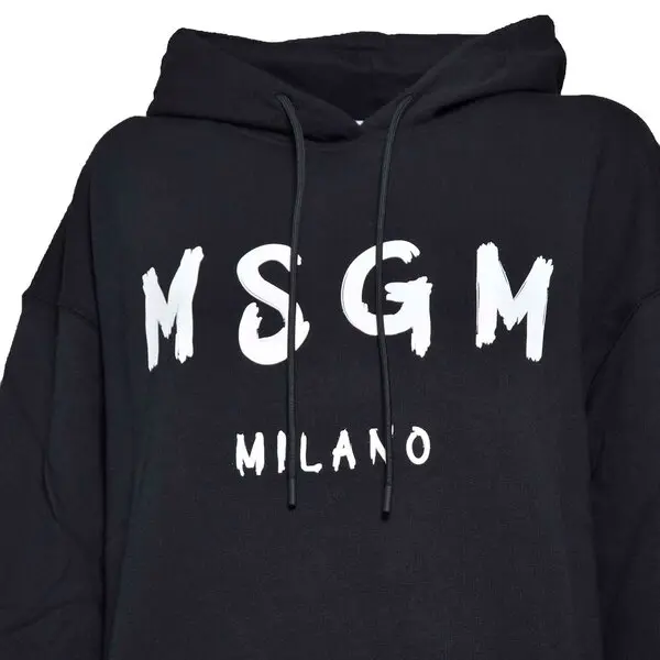 MSGM Black Cotton Hoodie With White Logo Print - Nero