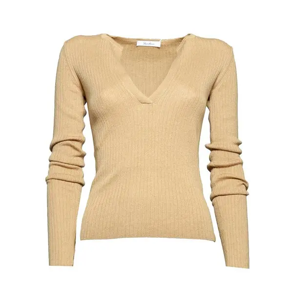 Max Mara Ribbed V-neck Long Sleeve Sweater - Cammello