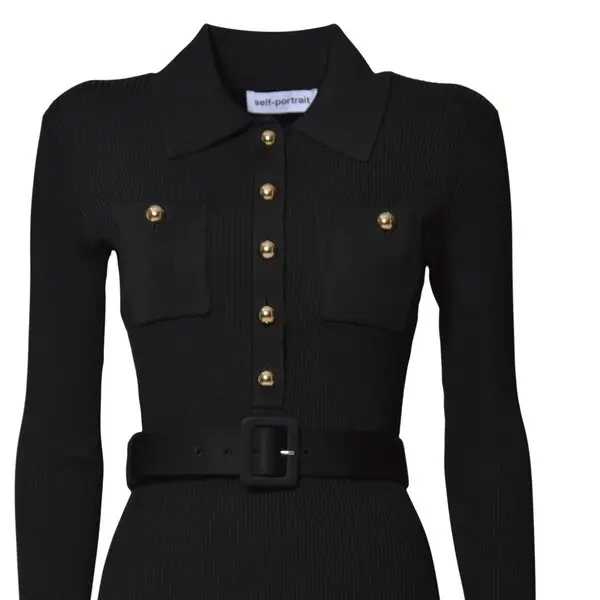 SELF-PORTRAIT Black Ribbed Knit Maxi Dress With Gold-tone Buttons And Belt