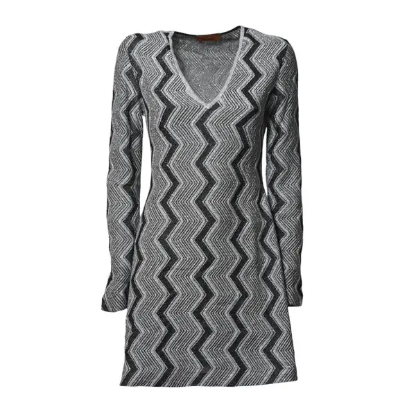 Missoni Long Sleeve V-neck Zig Zag Knit Mini Dress - Nero/argento