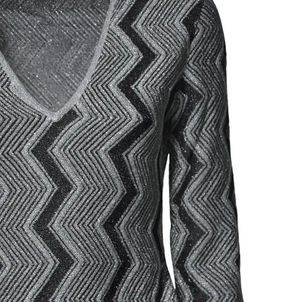 Missoni Long Sleeve V-neck Zig Zag Knit Mini Dress - Nero/argento