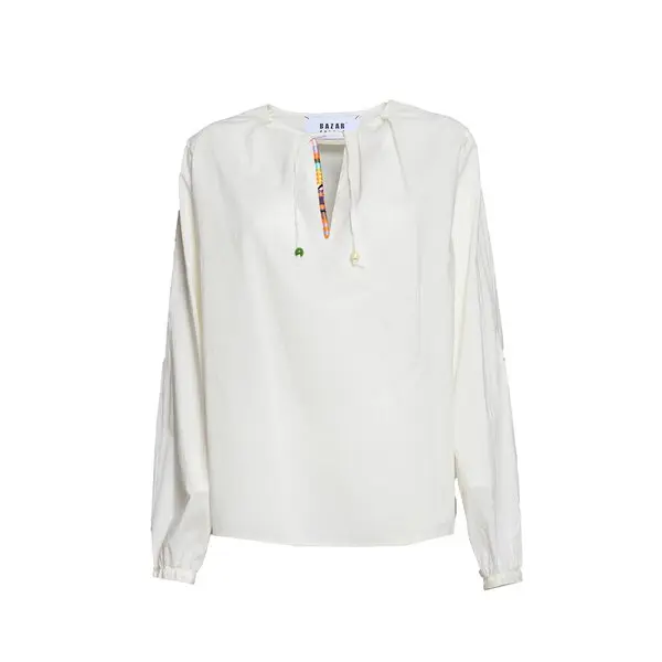 BAZAR DELUXE Cotton Muslin Shirt With Embroidered V-neck And Drawstring - Crema