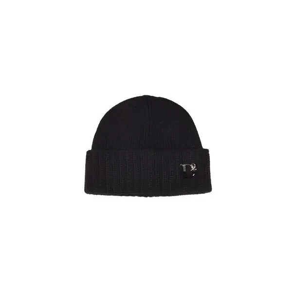 Dsquared2 Knit Beanie With Silver Chrome And Patent Leather "d2" Appliqu - Nero