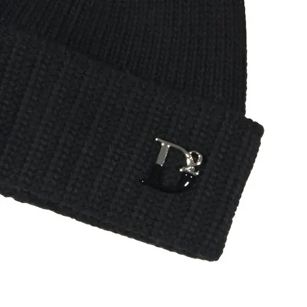Dsquared2 Knit Beanie With Silver Chrome And Patent Leather "d2" Appliqu