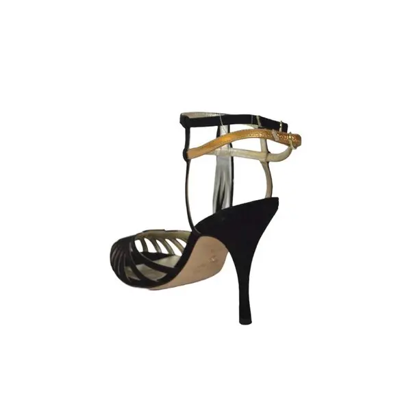 CABECEO Black Suede-effect Calfskin Sandals With Bronze Laminated Strap