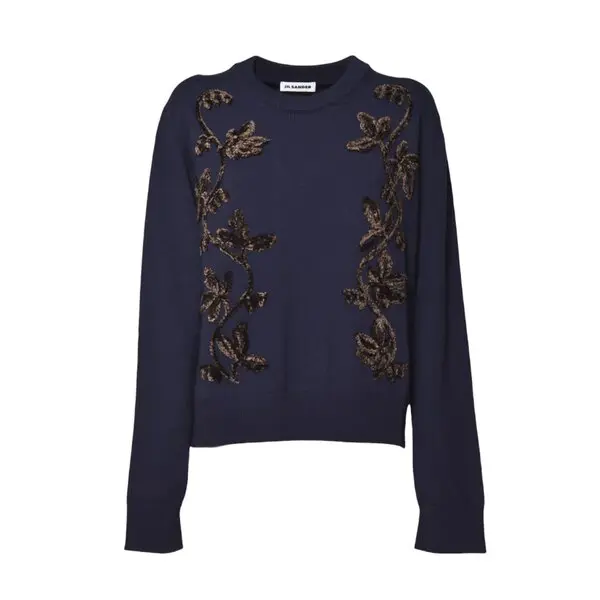 JIL SANDER Blue Crew Neck Sweater With Embroidered Floral Detail