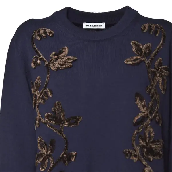JIL SANDER Blue Crew Neck Sweater With Embroidered Floral Detail