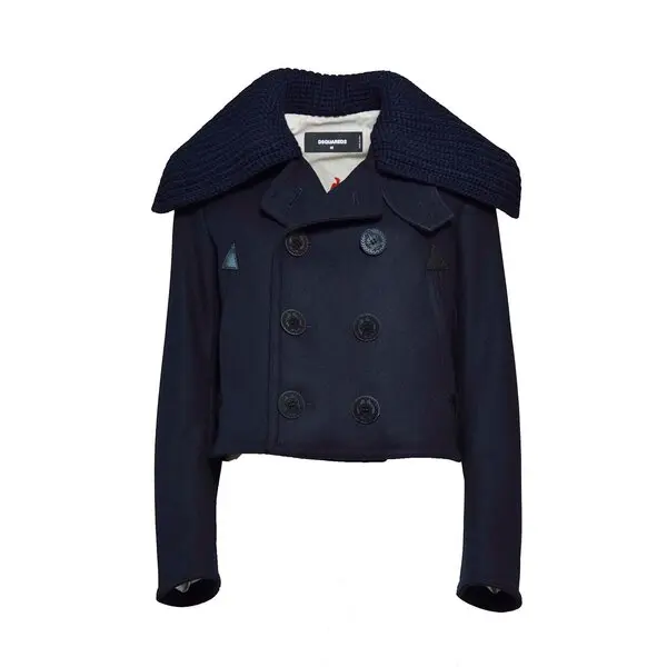 Dsquared2 Double Breasted Cropped Wool Coat With Shawl Collar - Blu Notte