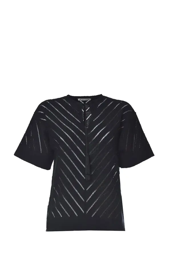 JIL SANDER Black Knit T-shirt With Tassel Detail