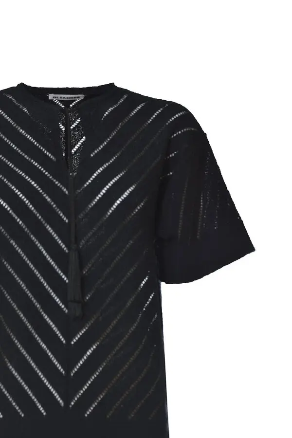JIL SANDER Black Knit T-shirt With Tassel Detail