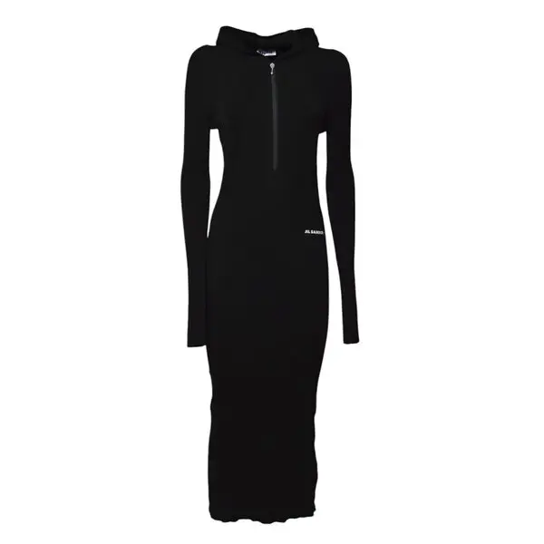 JIL SANDER Ribbed Hooded Midi Dress With Quarter Zip
