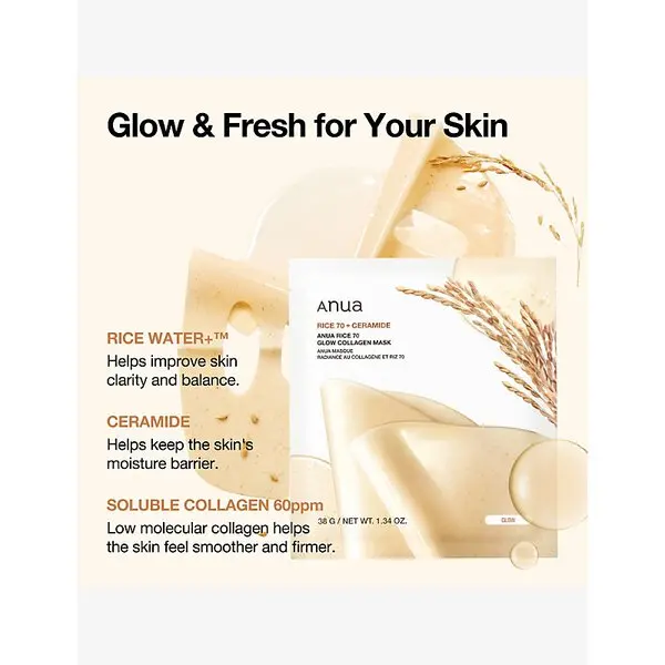 ANUA Rice 70 Glow Collagen Pack Of Four Sheet Masks