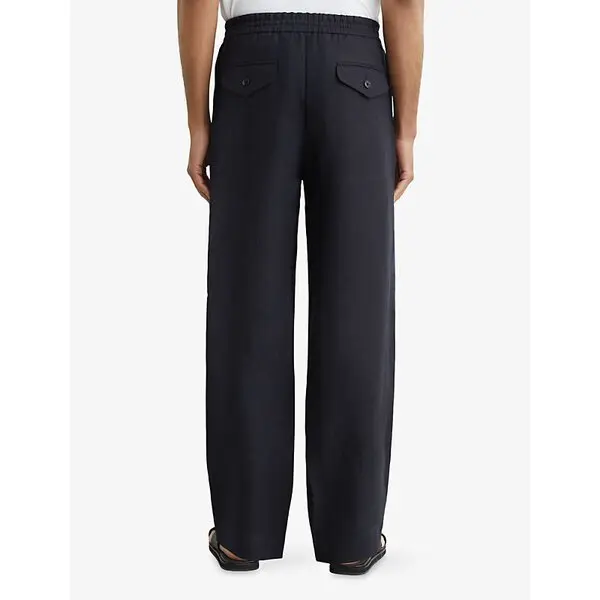 REISS Drawstring-waist Linen Trousers - Navy