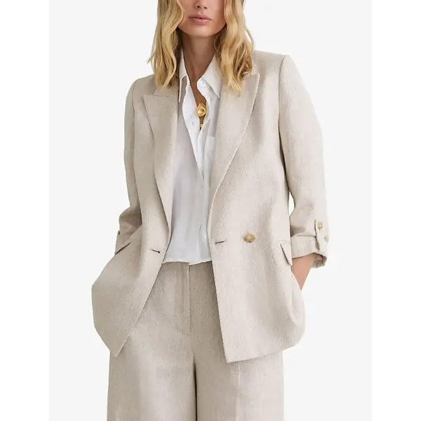 REISS Nolah Double-breasted Linen-blend Suit Jacket