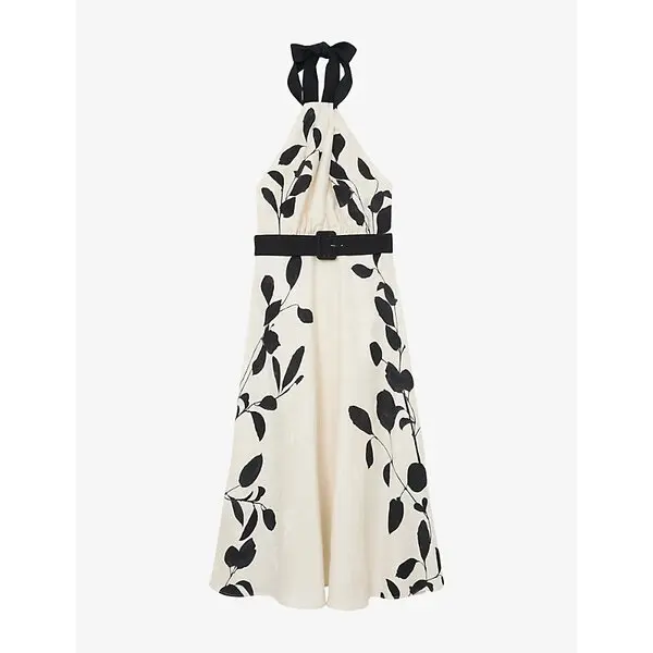REISS Libby Leaf-print Woven Midi Dress - Ivory Black