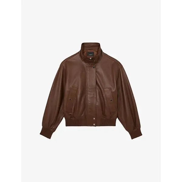 REISS Cara Funnel Neck Leather Jacket - Chestnut Brown