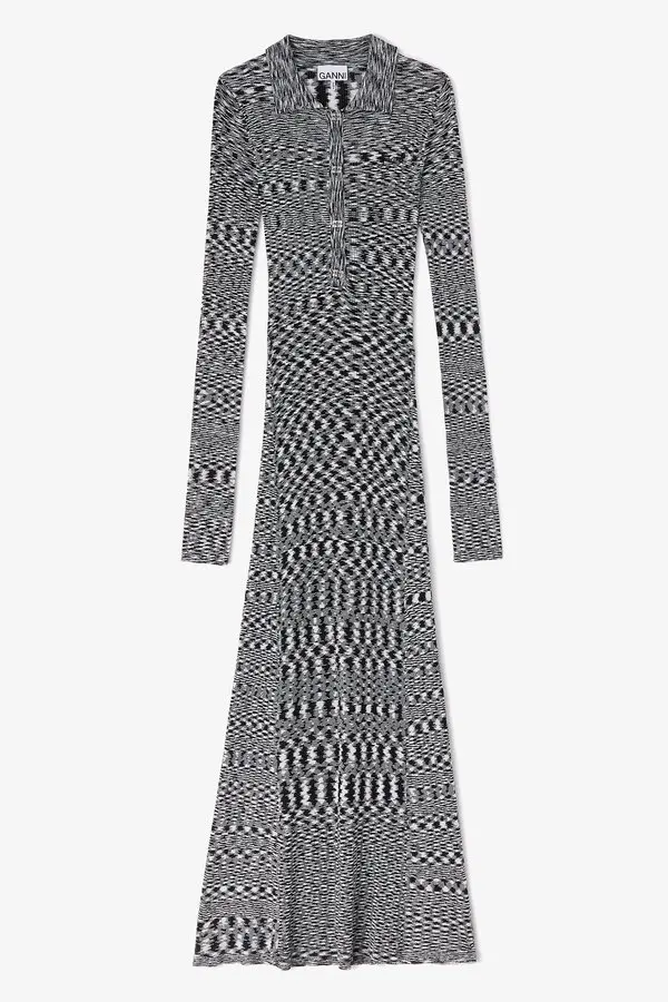 GANNI Spacedyed Knit Collared Long Sleeve Dress - Black