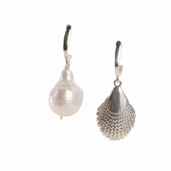 SILVER MOON Marine Echoes Sterling Silver Earrings With Baroque Pearl And Shell Element - Silver/white