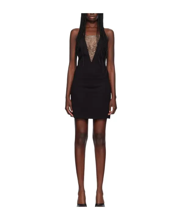 Staud Mini Dress With V-neck And Beaded Mesh Inserts