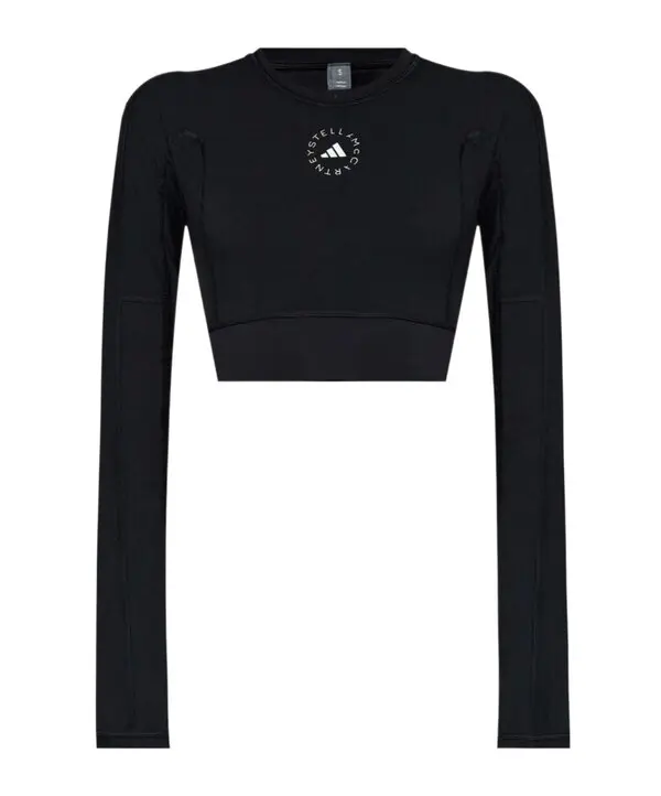 Adidas By Stella McCartney Cropped Long Sleeve Logo Sports Top - Black