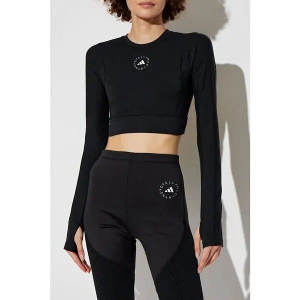 Adidas By Stella McCartney Cropped Long Sleeve Logo Sports Top - Black