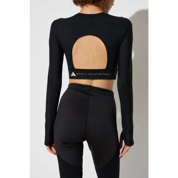 Adidas By Stella McCartney Cropped Long Sleeve Logo Sports Top - Black