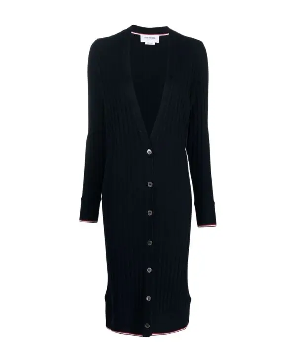 Thom Browne Long Ribbed Cardigan With Striped Detailing - Navy Blue
