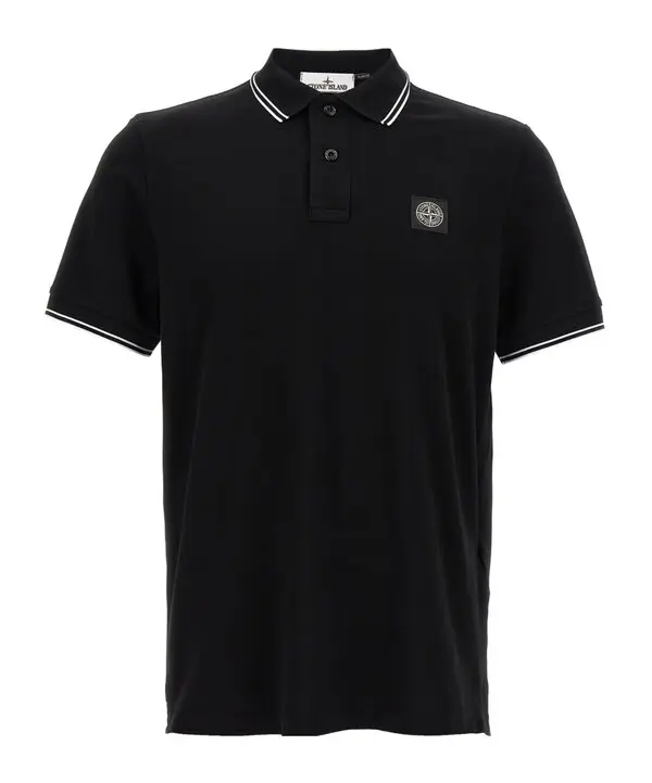 Stone Island Logo Patch Buttoned Polo Shirt - Black