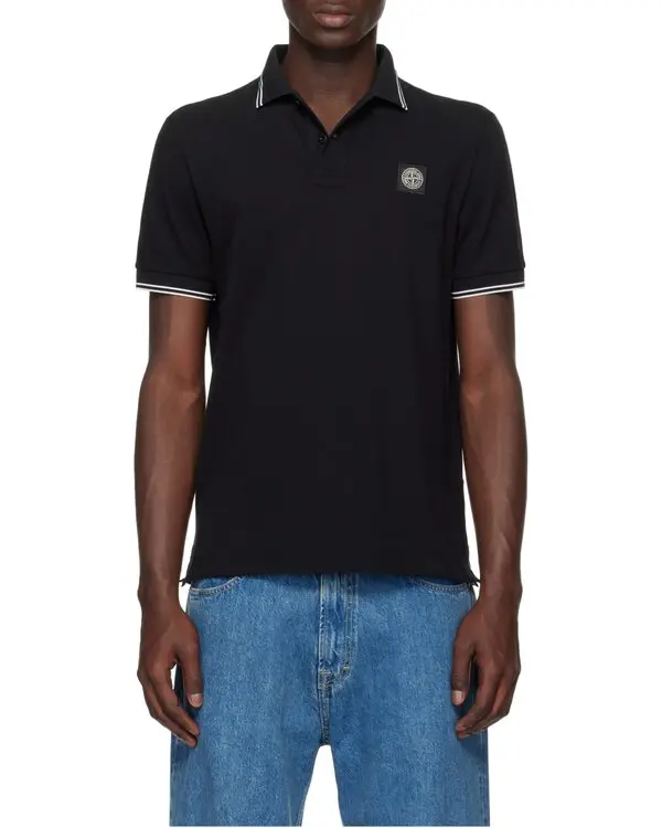 Stone Island Logo Patch Buttoned Polo Shirt - Black