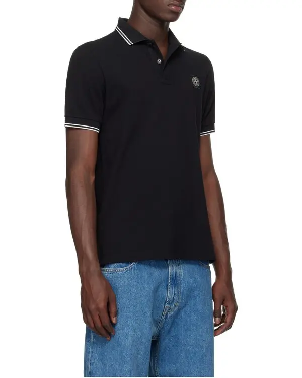 Stone Island Logo Patch Buttoned Polo Shirt - Black