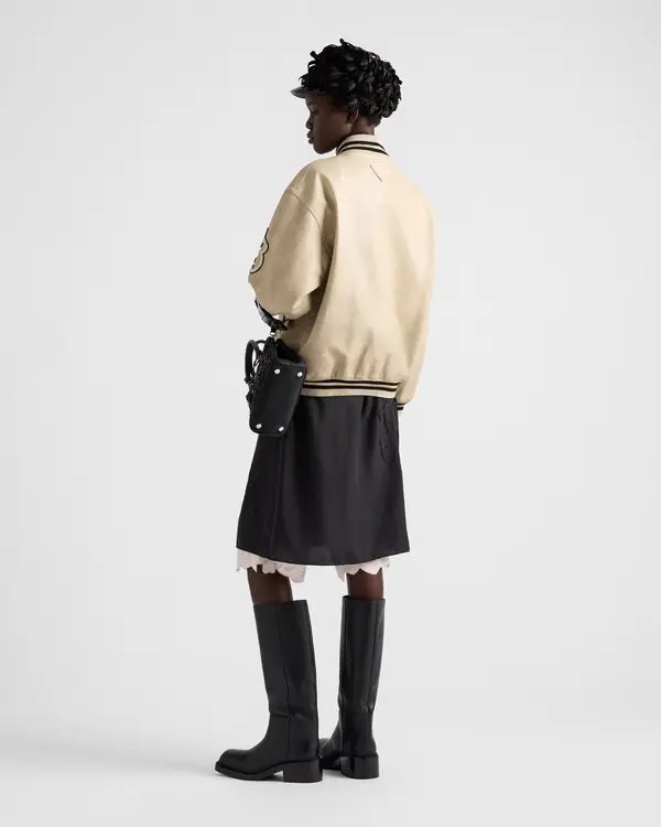 Prada Leather Bomber Jacket With Patch Embellishments