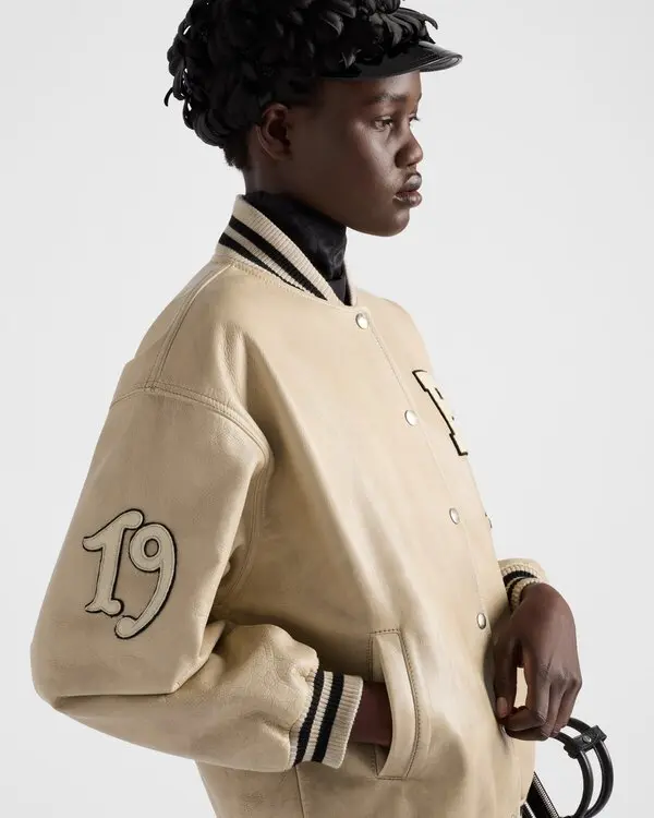 Prada Leather Bomber Jacket With Patch Embellishments