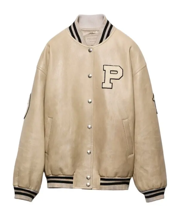 Prada Leather Bomber Jacket With Patch Embellishments - Ivory