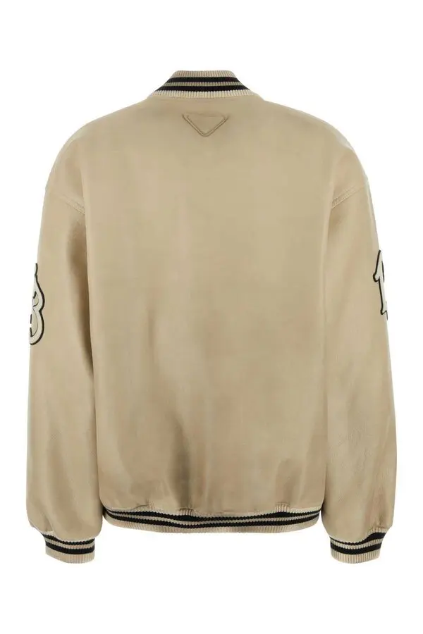 Prada Leather Bomber Jacket With Patch Embellishments - Ivory
