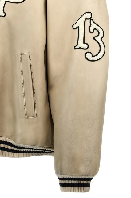 Prada Leather Bomber Jacket With Patch Embellishments - Ivory