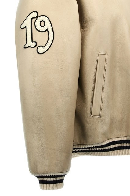Prada Leather Bomber Jacket With Patch Embellishments - Ivory