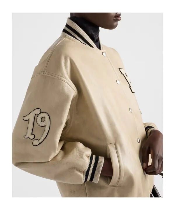 Prada Leather Bomber Jacket With Patch Embellishments - Ivory
