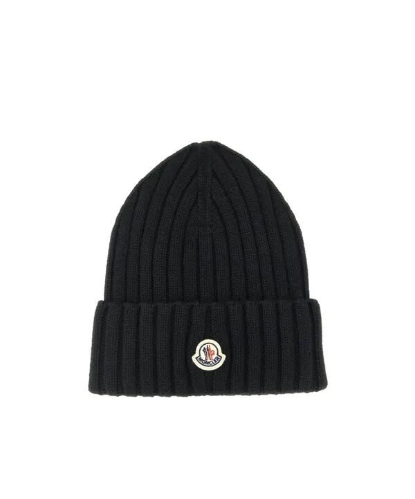 Moncler Logo Patch Ribbed Beanie - Black