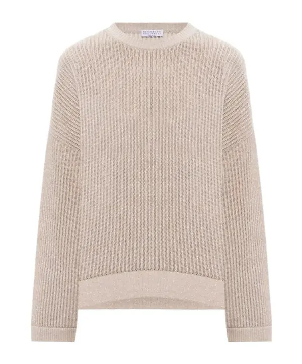 Brunello Cucinelli Ribbed Crew Neck Long Sleeve Sweater - Beige