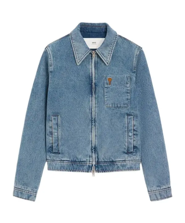 Ami Logo Embroidered Zipped Denim Jacket - Blue
